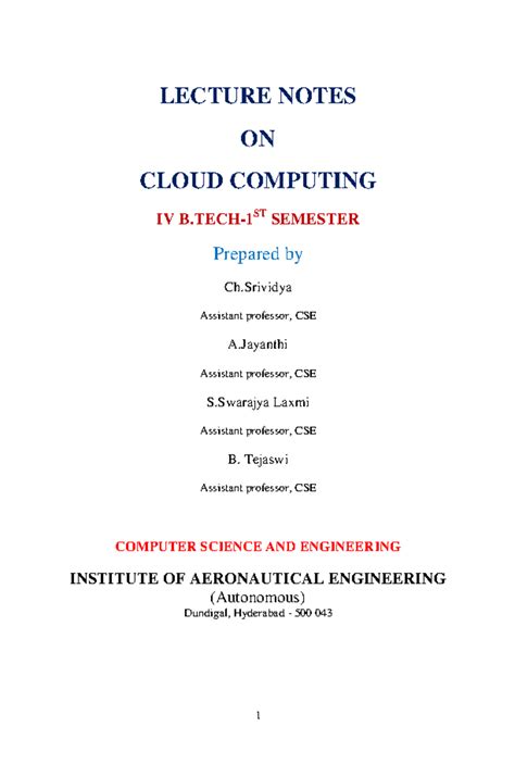 Cc Lecture Notes Lecture Notes On Cloud Computing Iv B 1st Semester
