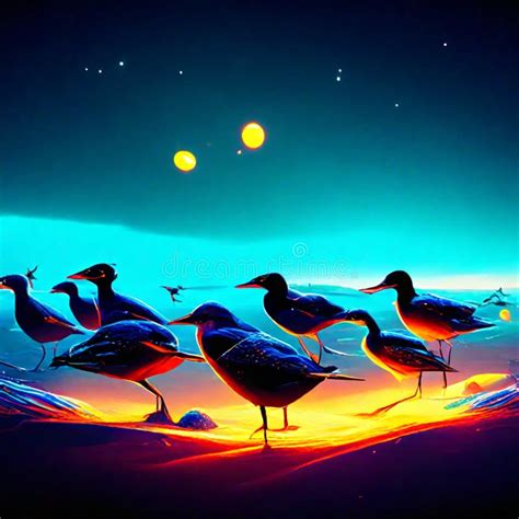 Illustration Of A Flock Of Birds On The Beach At Sunset Ai Generated