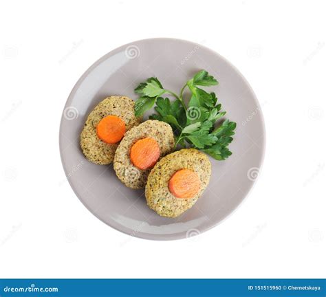Plate Of Traditional Passover Pesach Gefilte Fish Isolated On White