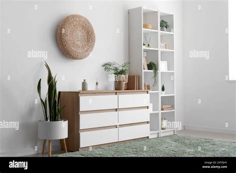 Aroma Diffuser And Houseplant On Chest Of Drawers And Shelving Unit In
