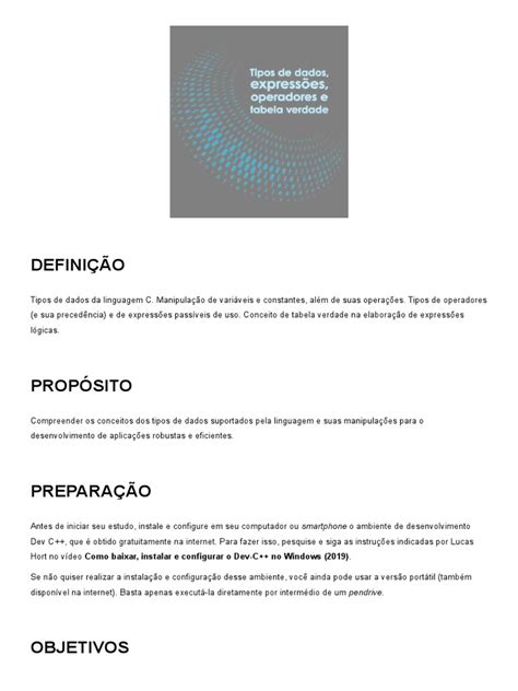 Tipos De Dados Variáveis Constantes E Operadores Na Linguagem C Pdf