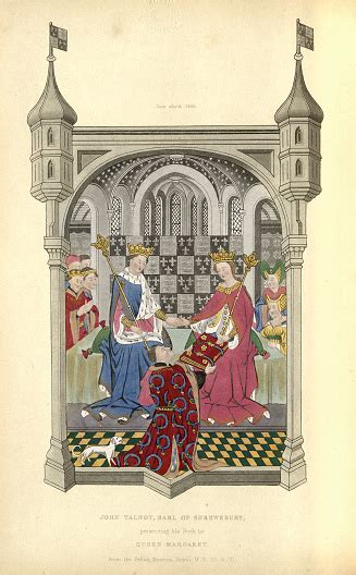 중세 영국사 존 탤벗 1445년 잉글랜드 여왕 앙주의 마가렛에게 책을 선물하는 슈루즈버리 1세 백작 색칠한 이미지에 대한 스톡