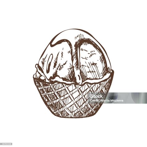 냉동 요구르트 또는 초콜릿 소스를 곁들인 아이스크림이 담긴 와플 바구니의 손으로 그린 스케치 빈티지 일러스트입니다 라벨 포장 및 엽서 디자인을 위한 요소 복고풍에 대한 스톡
