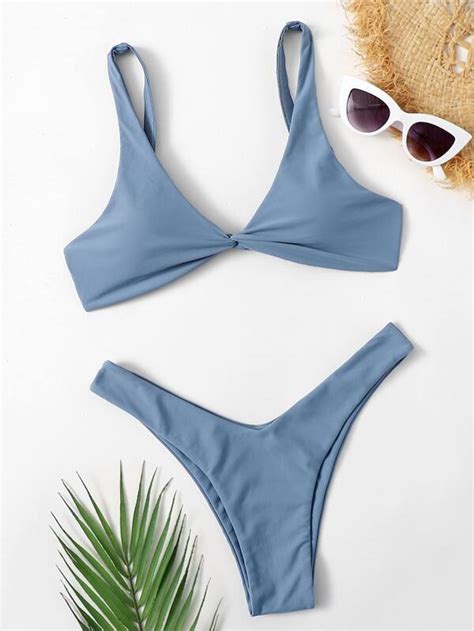 Shein Swim Vcay Twist Front High Cut Bikini Swimsuit Shein Uk
