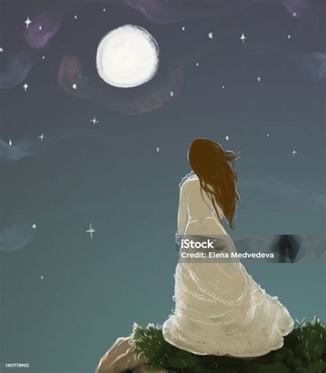 별이 빛나는 밤 하늘과 보름달의 배경에 대한 긴 가벼운 드레스를 입은 소녀의 그림 유령 공주 동화 꿈 보름달에 대한 스톡 벡터