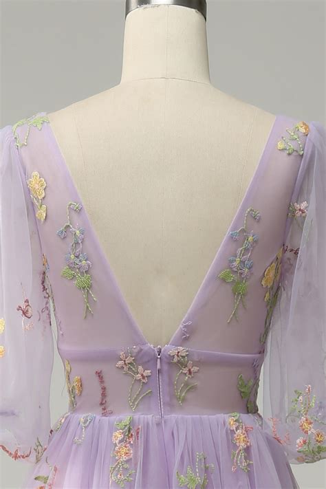 Zapakasa Women Long Embroidery Prom Dress Lavender V Neck Short Sleeves
