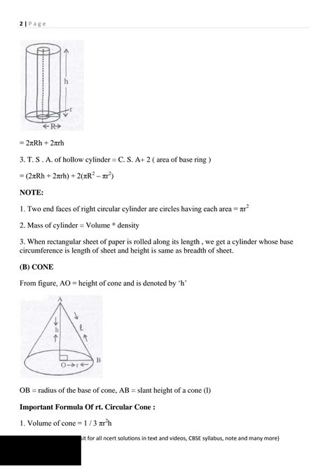 Solution Maths Notes For Class 10 Chapter 13 Surface Areas And Volumes