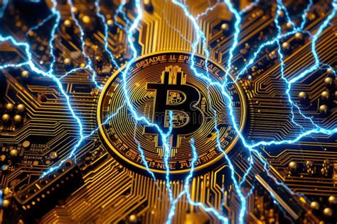 Glowing Bitcoin Symbol Is Surrounded By Electric Currents On Circuit Board Symbolizing Dynamic