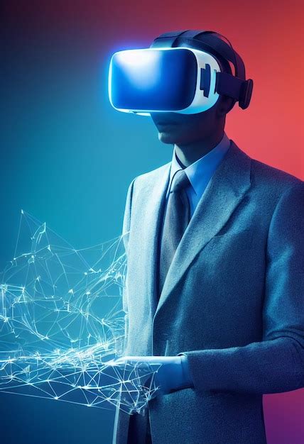 디지털 세계 3d 일러스트레이션에서 작업하고 재생하는 가상 현실 장치vr을 착용한 실루엣의 그림 프리미엄 사진