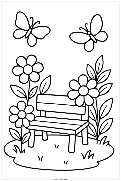 아늑한 작은 벤치가 있는 정원 색칠하기 페이지 무료 Pdfandpng 인쇄 가능