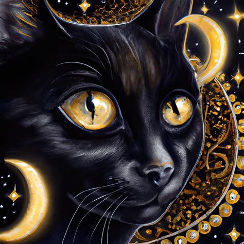Hermosa Ilustración De Retrato De Fantasía Mística De Gato Negro Luna