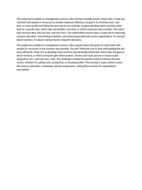 The Assignment Problem In Management Science Is Like Solving A