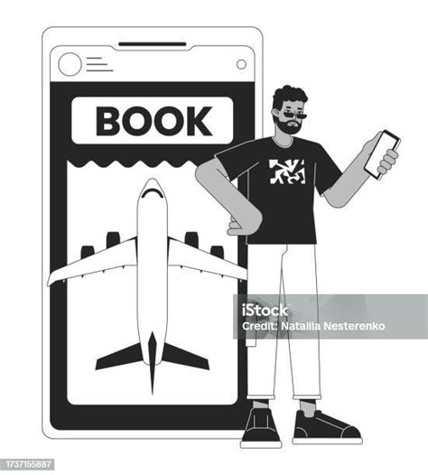 스마트폰으로 온라인으로 비행기 티켓 구매 Bw 개념 벡터 스팟 일러스트레이션 2차 도형에 대한 스톡 벡터 아트 및 기타 이미지