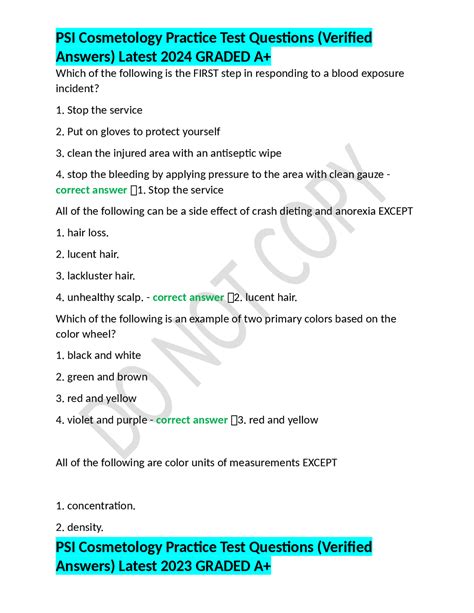 PSI Cosmetology Practice Test Questions Verified Answers Latest 2024
