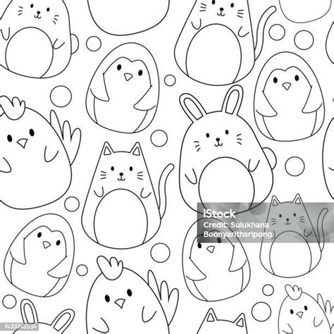 귀여운 토끼 닭고기 펭귄 고양이 개요 흰색 Bg에 고립 된 원활한 패턴 배경 세트 흰색에 대한 스톡 벡터 아트 및 기타 이미지