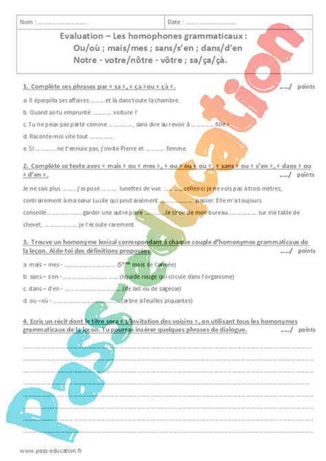 Evaluation Orthographe 5ème Bilan et controle corrigé Pass Education