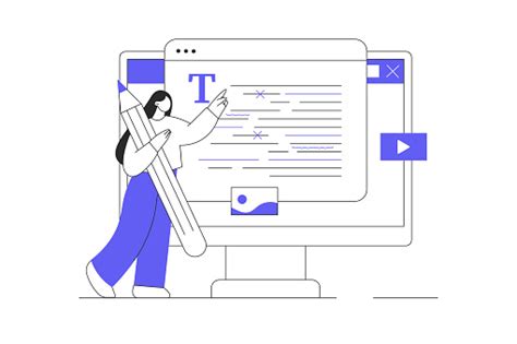 웹 페이지의 기사가 있는 카피라이터 여성은 웹사이트와 소셜 네트워크를 위한 흥미로운 콘텐츠를 만듭니다 플랫 만화 벡터 일러스트 레이 션 아이콘 웹사이트를 위한 스타일리시한