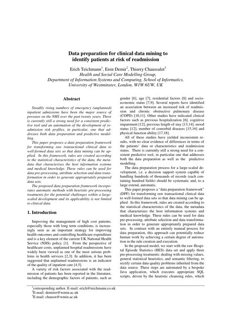 Pdf Data Preparation For Clinical Data Mining To Identify Patients At Risk Of Readmission