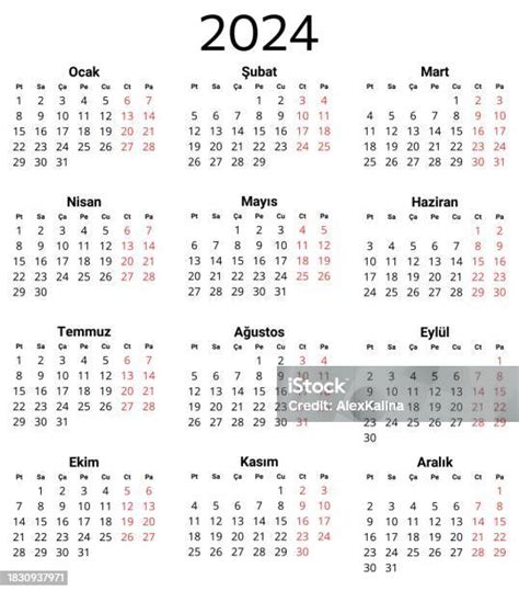 2024 터키 달력 터키에 대한 인쇄 가능 편집 가능한 벡터 일러스트레이션 12개월 년 Takvim 2024년에 대한 스톡 벡터