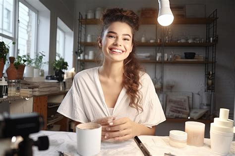 Premium Photo Female Beauty Blogger Female Vlogger Is Showing