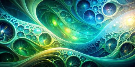 Abstract Cellular Structure Organic Forms And Luminescent Bubbles In A Vibrant Green And Blue