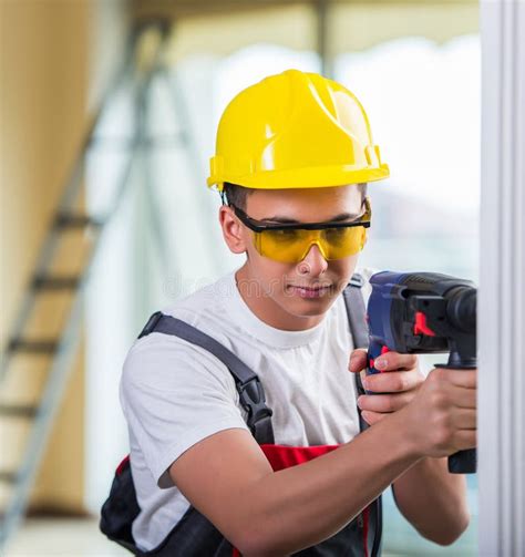 Man Drilling The Wall With Drill Perforator Stock Image Image Of Construction Occupation