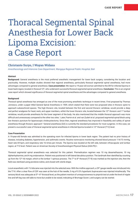 Pdf Thoracal Segmental Spinal Anesthesia For Lower Back Lipoma Excision