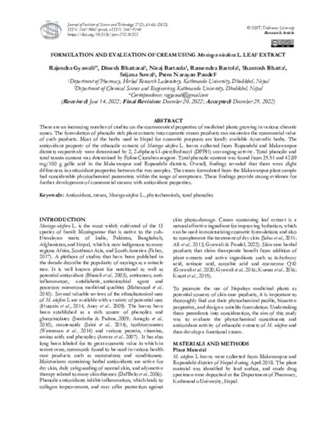 Pdf Formulation And Evaluation Of Cream Using Moringa Oleifera L Leaf Extract