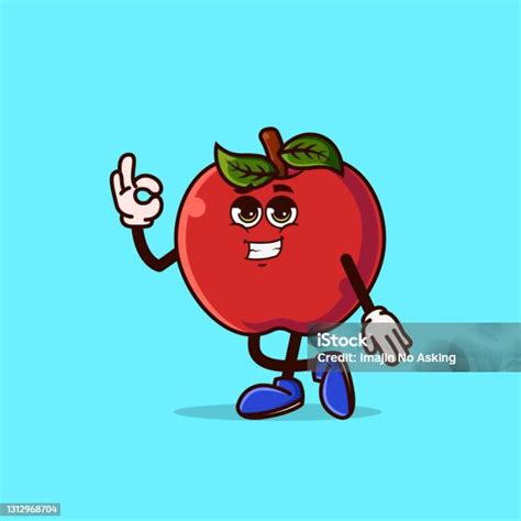 可愛的蘋果字元與很酷的表情符號並顯示ok手勢水果字元圖示概念分離表情符號貼紙平面卡通風格向量向量圖形及更多健康飲食圖片 健康飲食 剪裁圖