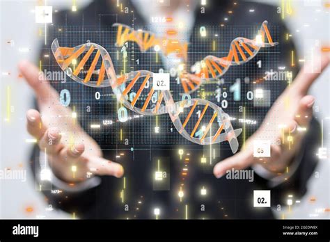 3d Render Of A Dna Sequence And Binary Code In A Businessmans Hands