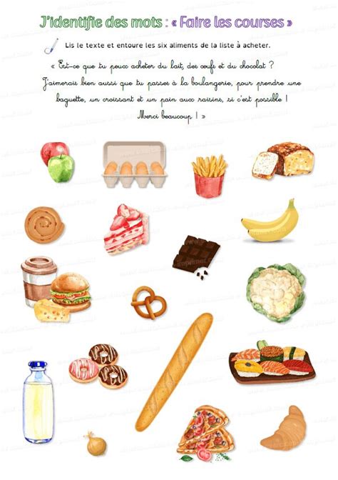 Français Exercices à imprimer Lecture de mots Jeu alimentaire
