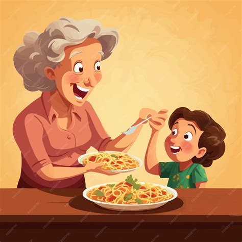 Avó Presenteando Um Prato De Pasta Para Sua Neta Cartoon Vector Vetor