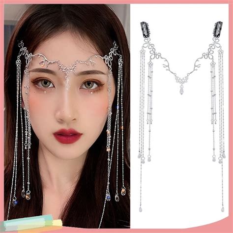 Lk Elegant Long Tassel Forehead Chain Alloy Rhinestones Simple Drop