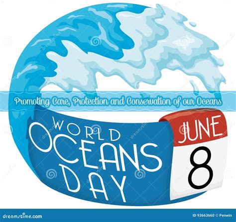 Wave Ribbon And Loose Leaf Calendar For World Oceans Day Vector