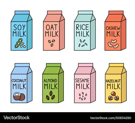 Vegan Milk Set Almond Soy Rice Hazelnut Coconut Vector Image