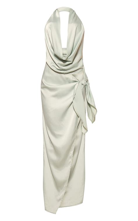 Mint Satin Extreme Cowl Ruched Front Maxi Dress Prettylittlething Qa