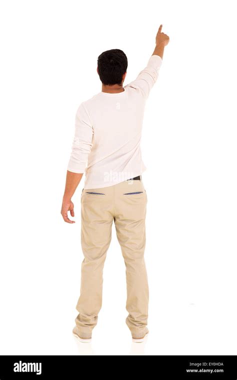 Back View Of Man Pointing At Empty Copy Space Isolated On White Stock Photo Alamy