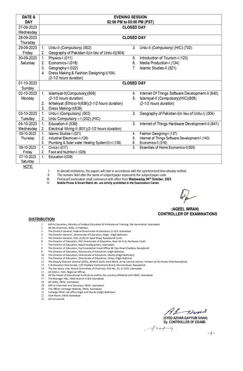 FBISE Federal Board SSC Part I II 2nd Annual Exams Date Sheet 2023