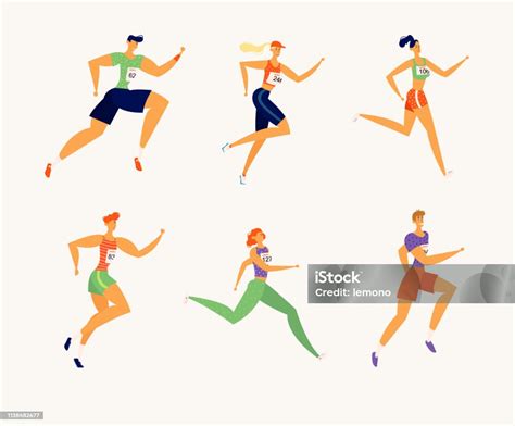 마라톤을 실행 하는 행복 한 선수 사람들 문자 남자와 여자 주자 개인 스포츠 피트 니스 조깅 대회 레이스 컨셉 벡터 만화 일러스트 레이 션 경쟁에 대한 스톡 벡터 아트 및