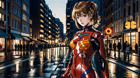 Anime Girl In A Red Suit Standing On A City Street Seaart Ai