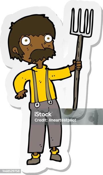 Sticker Of A Cartoon Farmer With Pitchfork向量圖形及更多乾草叉圖片 乾草叉 人 剪貼畫