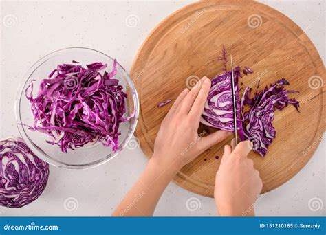 Woman Cutting Ripe Red Cabbage At White Table Stock Image Image Of
