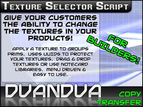 Second Life Marketplace Dvandva Builders Texture Selector Script