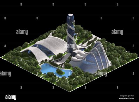 Landscaped Futuristic Architecture 3d Illustration For A Tiled Game