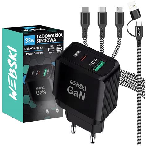 SZYBKA ŁADOWARKA SIECIOWA USB KOSTKA QC PD GAN KABEL OPLOT 3W1 NYLON
