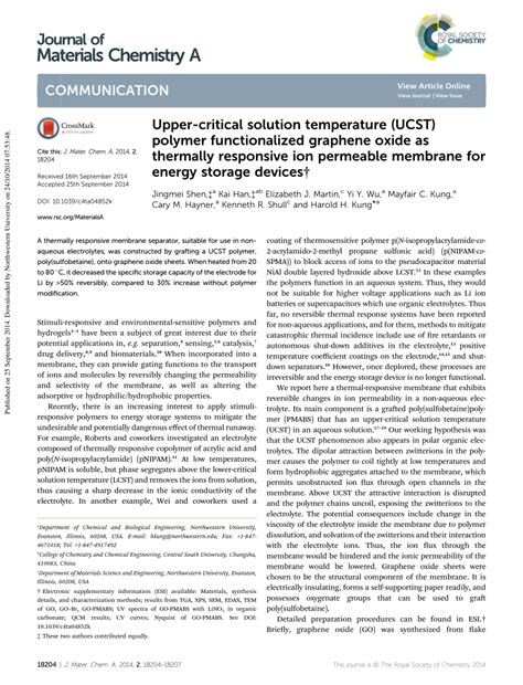 Pdf Upper Critical Solution Temperature Ucst Polymer Functionalized Graphene Oxide As