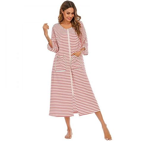 Zipper Front Robes Women House Coat Half Sleeve Loungewear Long
