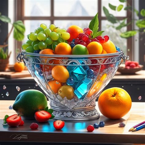 Premium Ai Image Fruits Bucket Crystal Style Broken Glass Effect No
