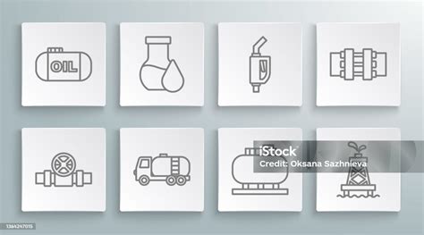 세트 라인 금속 파이프 및 밸브 오일 가솔린 테스트 튜브 탱커 트럭 탱크 저장 장비 가솔린 펌프 노즐 및 아이콘 벡터 급유에 대한 스톡 벡터 아트 및 기타 이미지 Istock