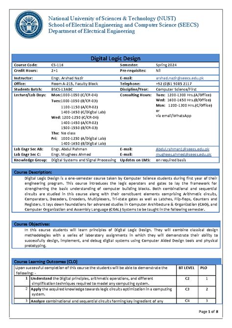 Dld Nust Course Outline School Of Electrical Engineering And Computer Science Seecs